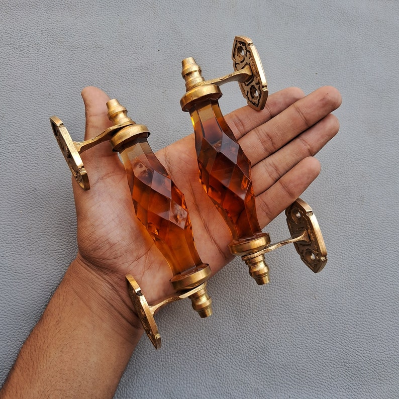 VTG Victorian Handmade Brass N Glass Amber Honey Art Decor Door Handle ...