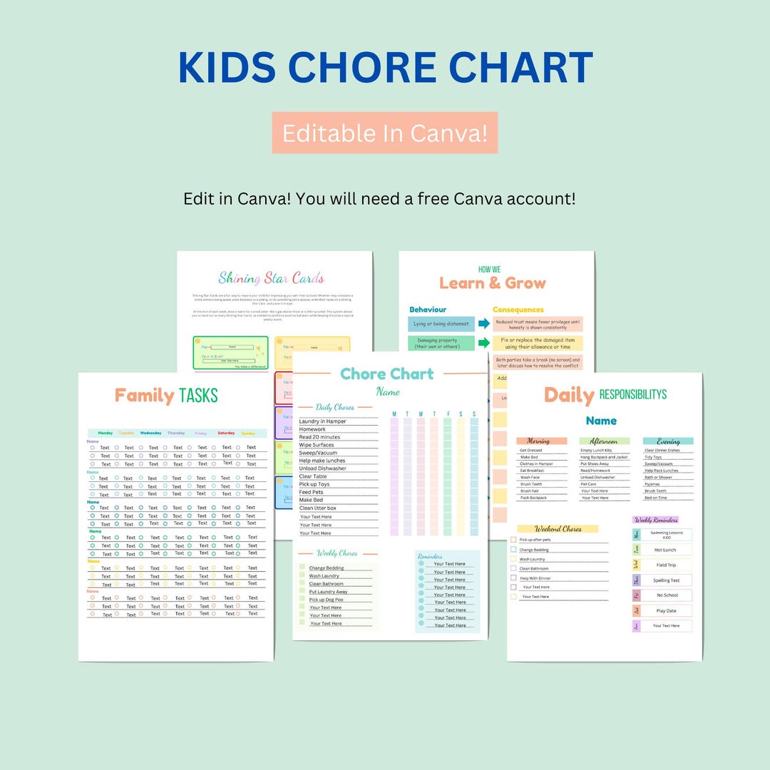 Editable Kids Chore Chart Printable | Routine Chart Canva Template PDF ...