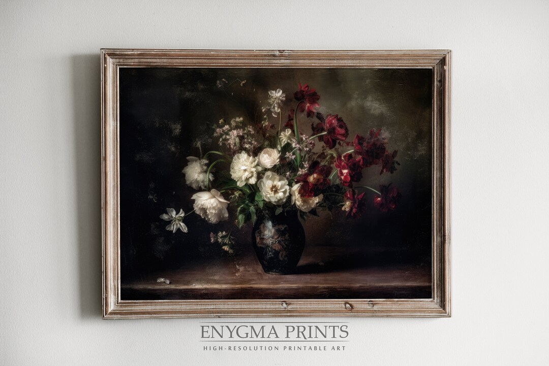 Antique Still Life Digital Painting | Vintage Floral Print | Dark ...
