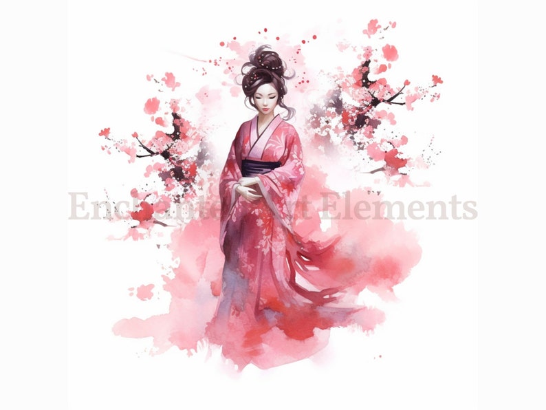 Pink Geisha Clipart Watercolor Animated Figures Clipart - Etsy