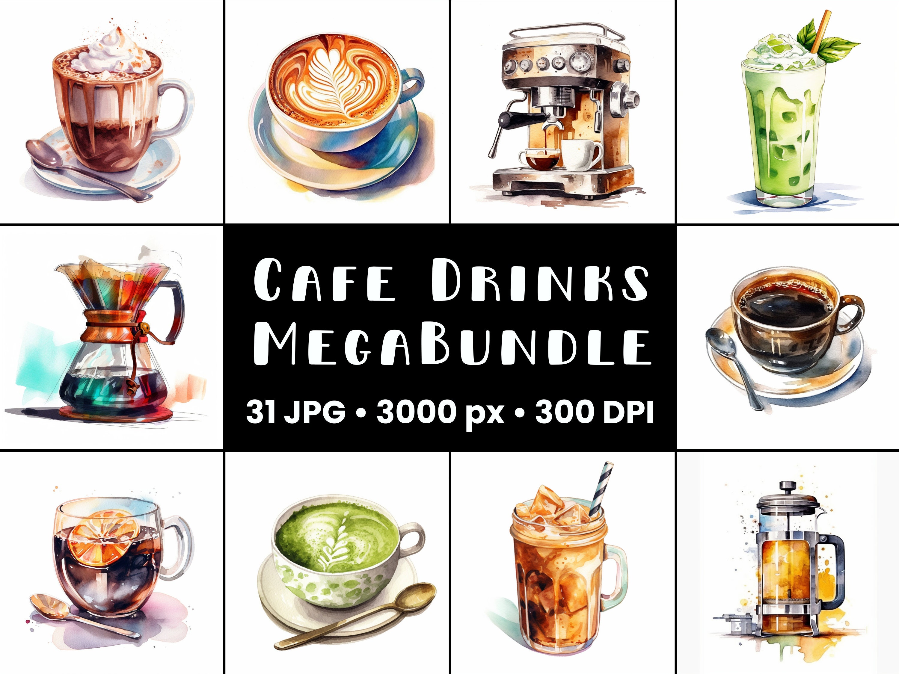 Ultimate Cafe Drinks Clipart Bundle Commercial Use Watercolor Coffee ...