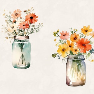 Hand Drawn Flowers in Jar Clipart Bundle Commercial Use Watercolor Boho ...