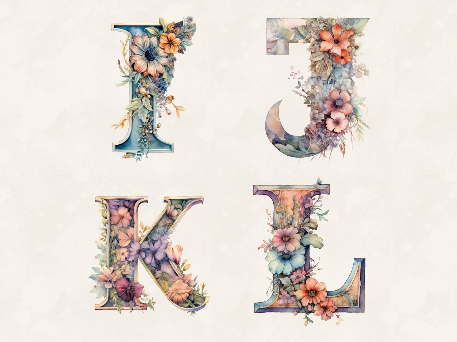 Watercolor Floral Alphabet Clipart: Vintage Pastel Letters (digital ...
