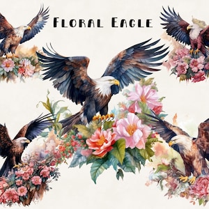 Eagle and Flowers Clipart Bundle Commercial Use Watercolor Eagle in ...