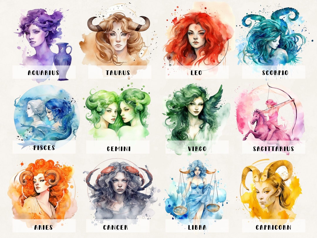 Watercolor Zodiac Sign Clipart Bundle: Commercial Use PNG (digital ...