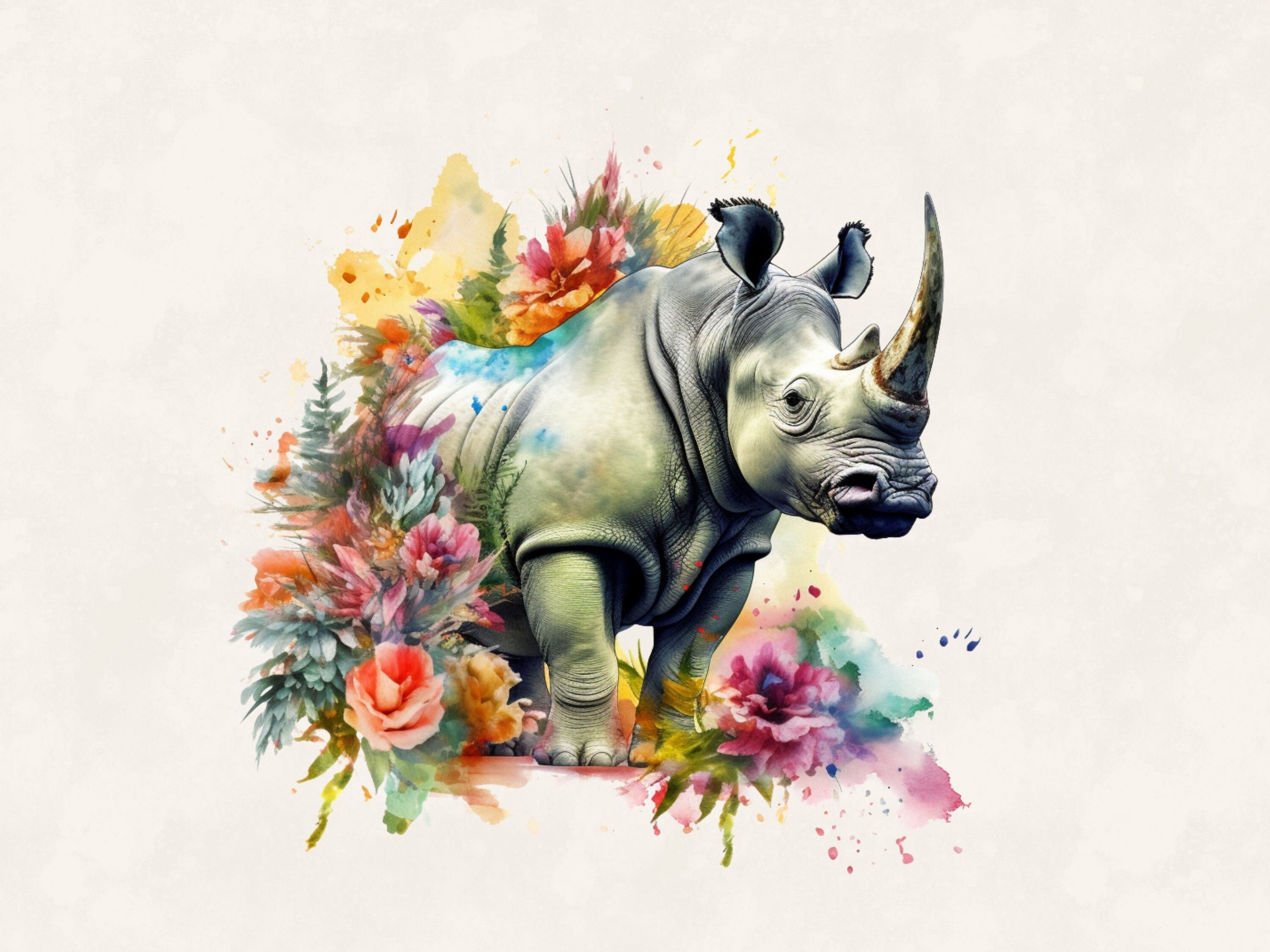 Rhino in Field of Flowers Clipart Watercolor Illustration Commercial ...