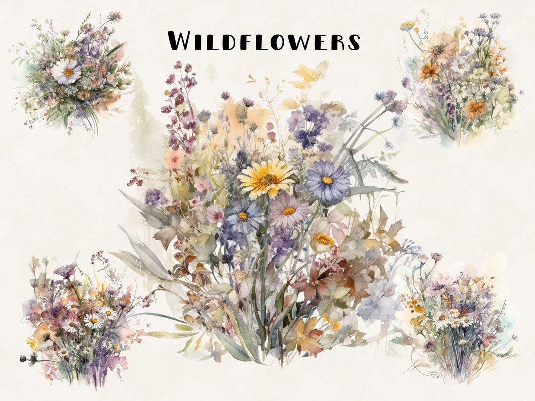 5 Pastel Wildflower Bouquet Clipart Bundle Commercial Use Allowed ...