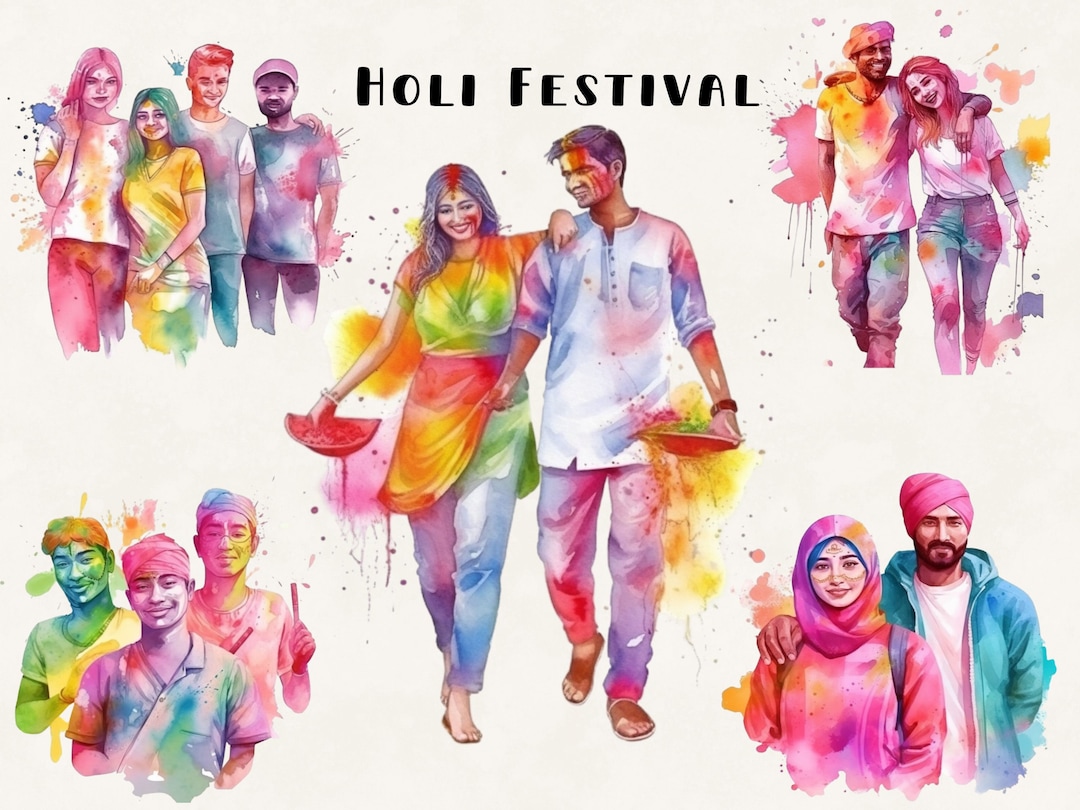 Holi Festival Print Art Illustration Holi Clipart Watercolor Indian ...