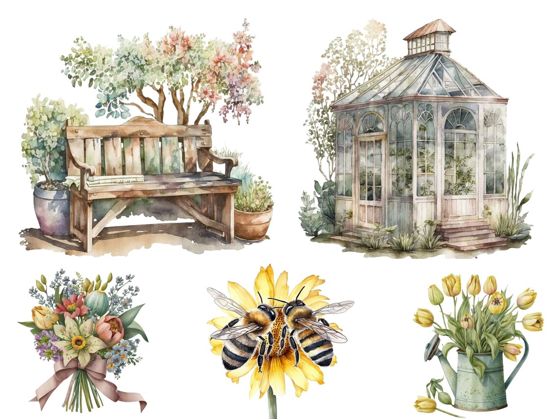 Garden Clip Art Watercolor Gardening Clipart Variety Bundle - Etsy