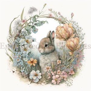 Floral Bunny Watercolor Illustration Field of Wildflowers Commercial ...