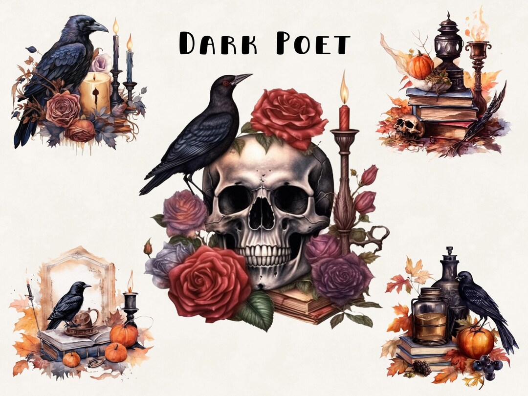 Dark Academia Poet Clipart: Vintage Watercolor Raven & Skull (PNG ...