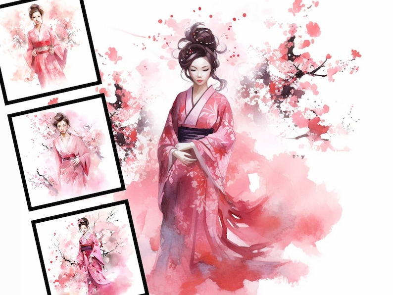 Pink Geisha Clipart Watercolor Animated Figures Clipart - Etsy