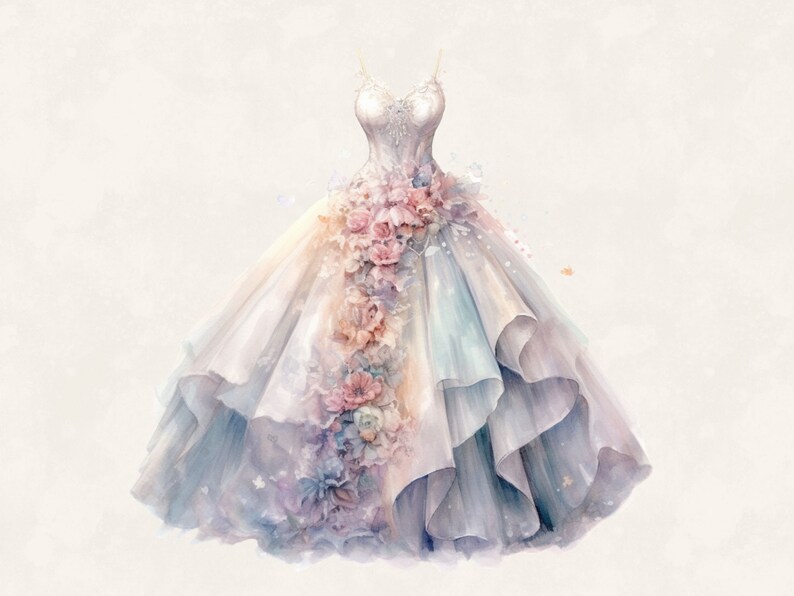 Watercolor Ball Gown Clipart: Vintage Dress Illustration (digital ...