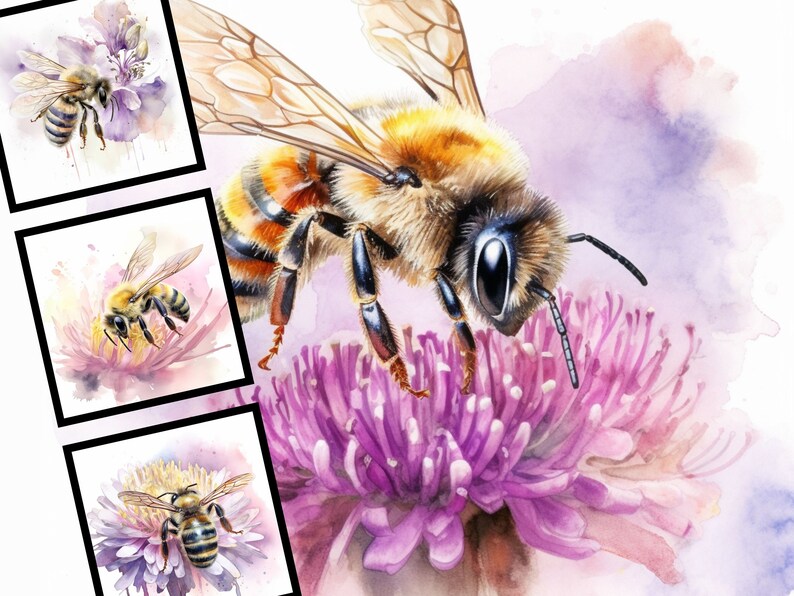 Bee on Flower Clipart Bundle Watercolor Commercial Use Digital - Etsy