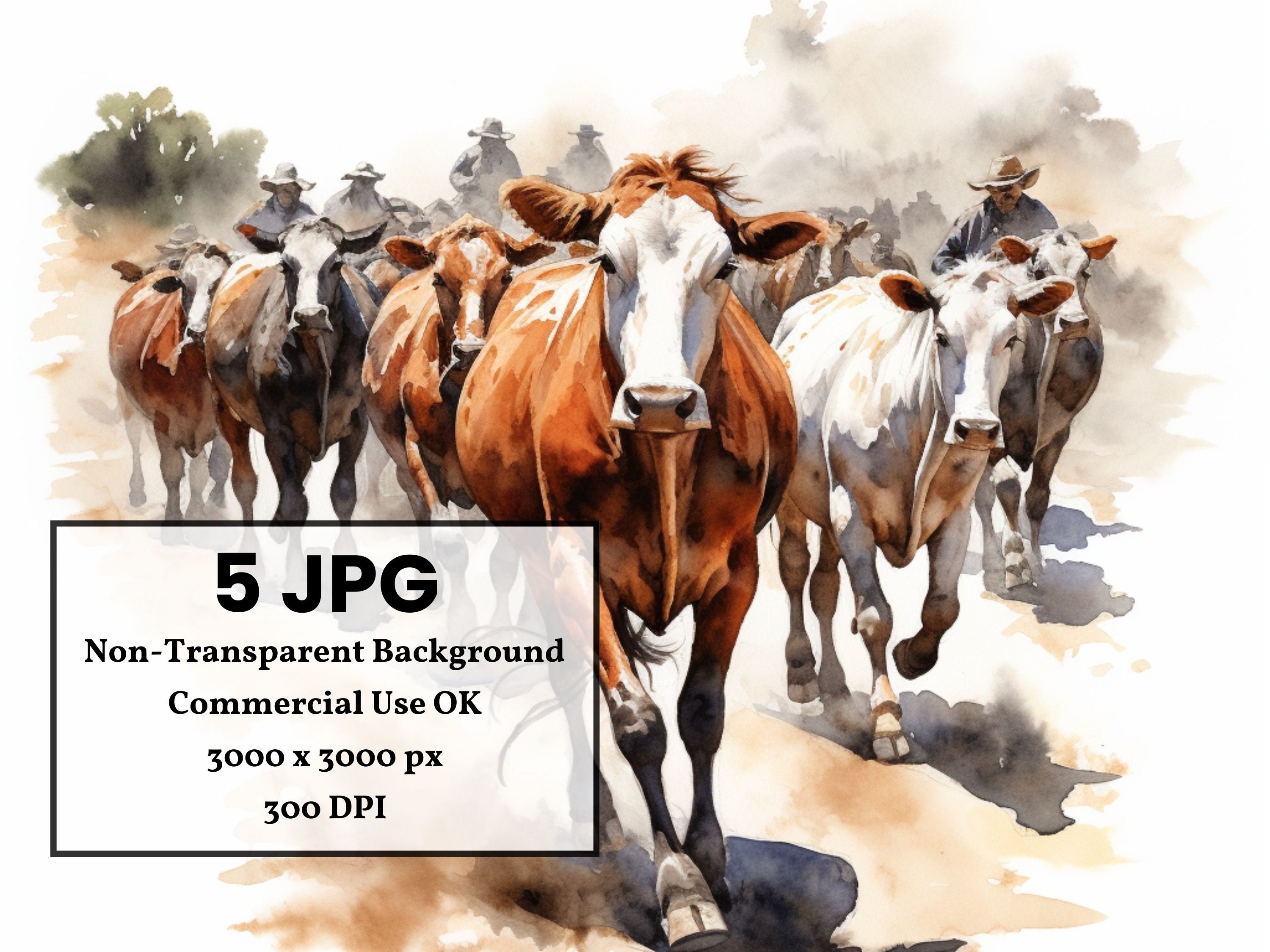 Cattle Herding Clipart: Watercolor Western Illustration (digital ...