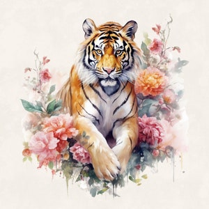 Tiger and Flowers Clipart Bundle Commercial Use Watercolor Jungle Tiger ...