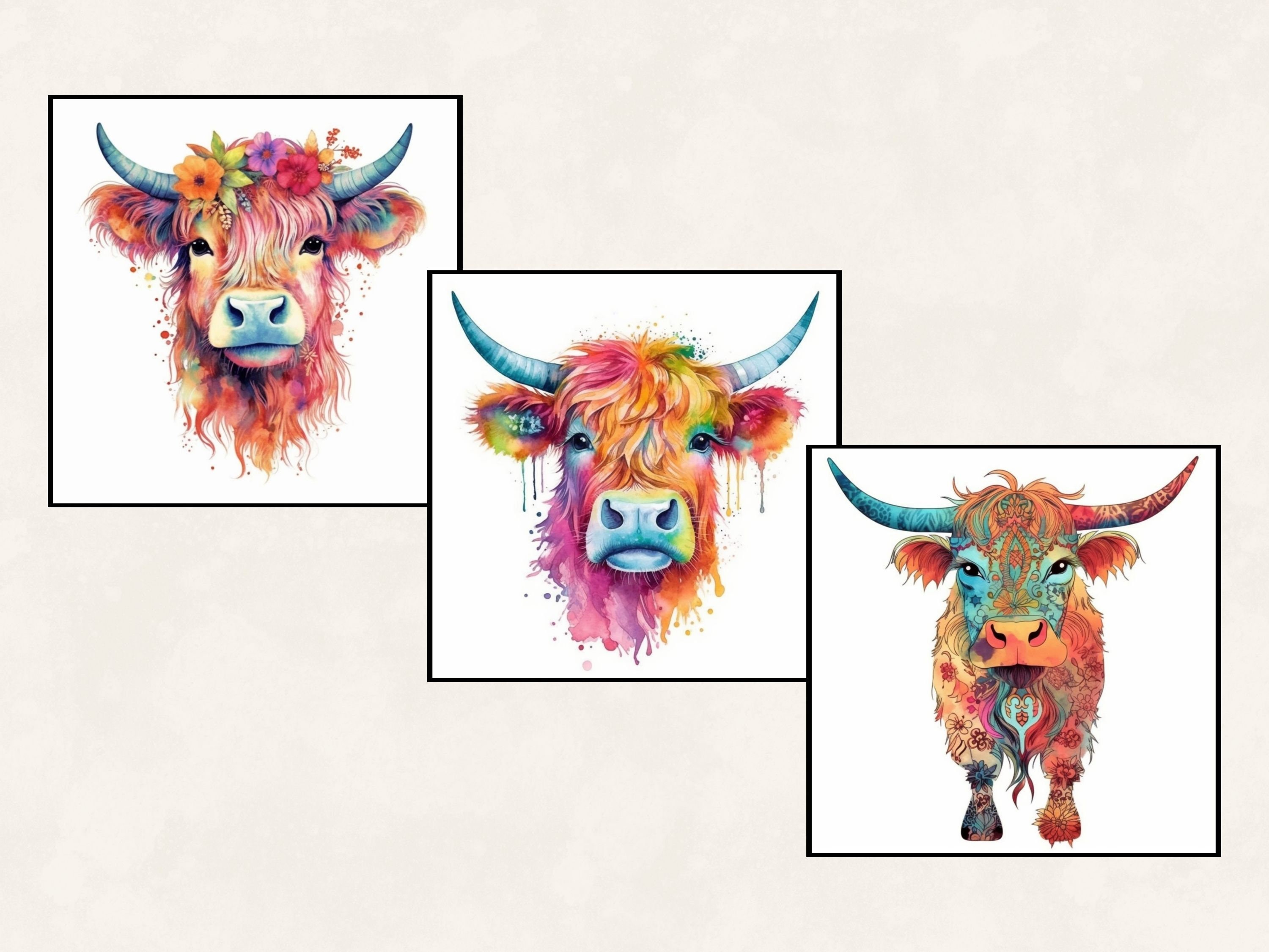 24 Boho Highland Cow Clipart Watercolor Illustration - Etsy