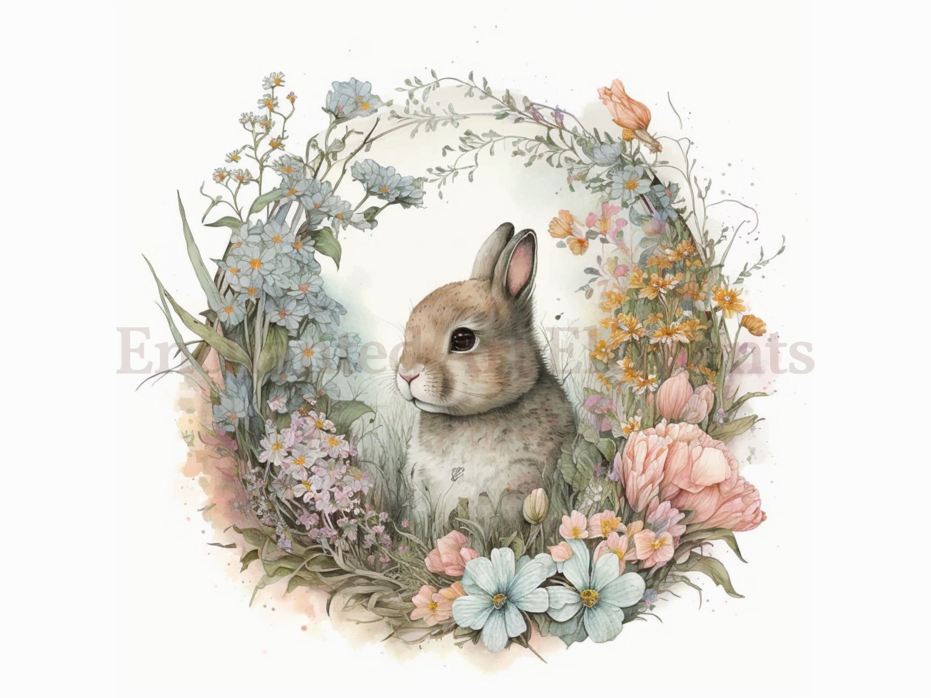 Floral Bunny Watercolor Illustration Field of Wildflowers - Etsy