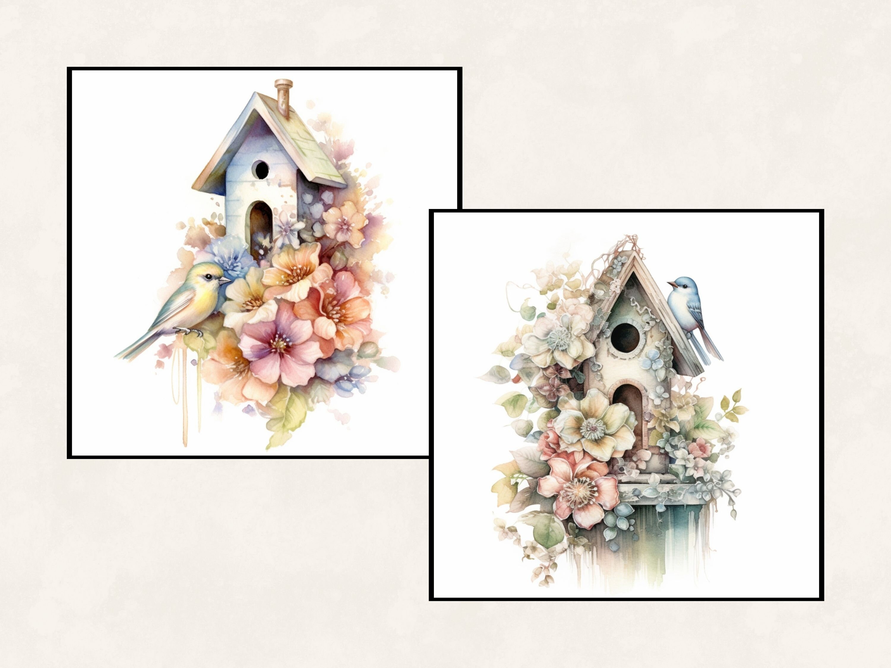 Watercolor Bird House Clipart Bundle: Vintage Pastel Designs (digital ...