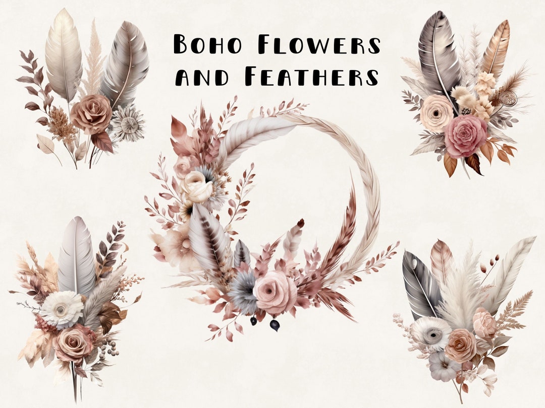 Realistic Boho Flowers and Feathers Bouquet Clipart Bundle Commercial ...