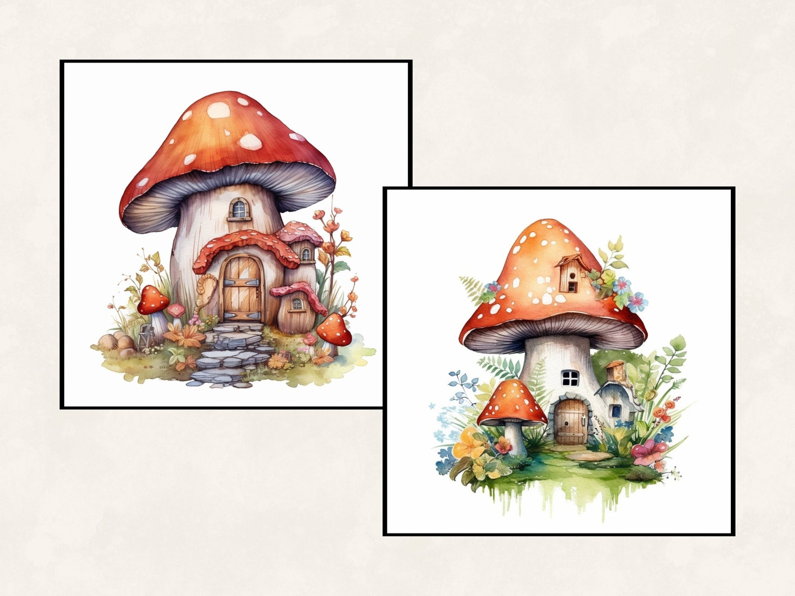 Mushroom Fairy House Clipart: Watercolor Illustration Bundle (JPG Files ...