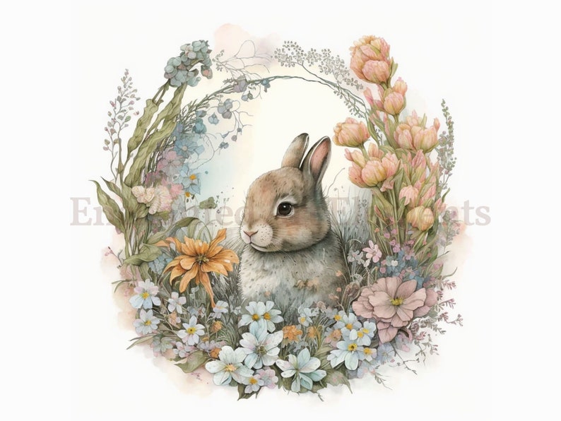 Floral Bunny Watercolor Illustration Field of Wildflowers - Etsy