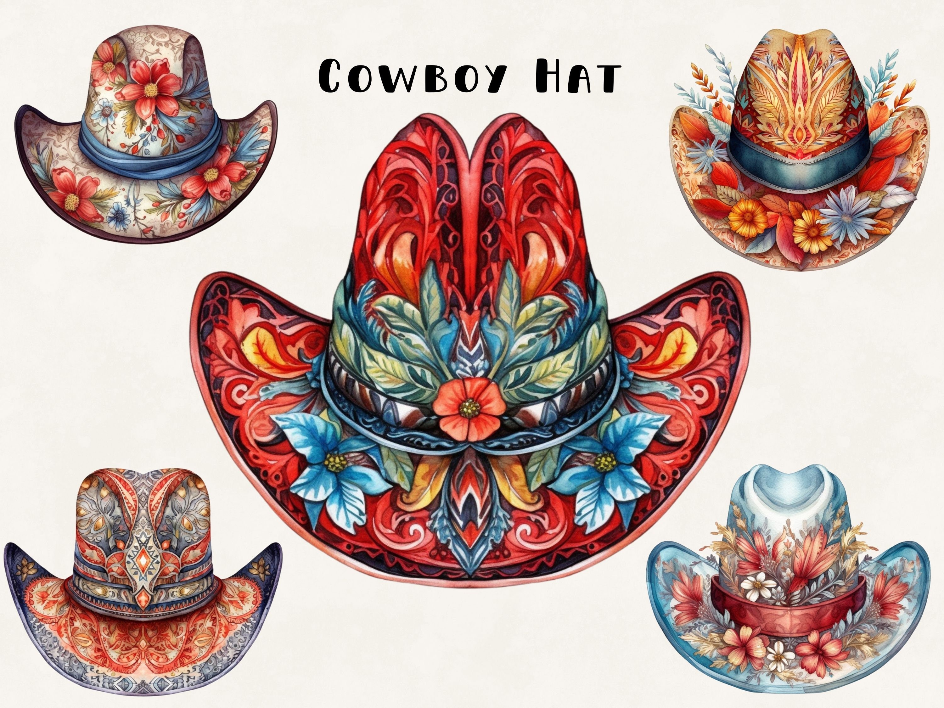 Folk Art Cowboy Hat Clipart Bundle Commercial Use Watercolor - Etsy