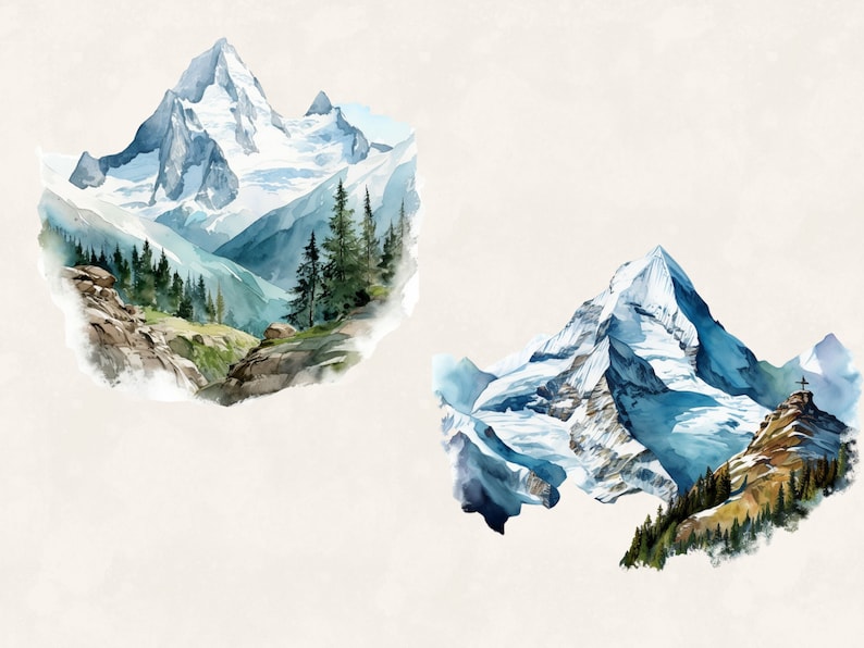 Swiss Alps Watercolor Clipart: Commercial Digital Design Bundle (PNG ...