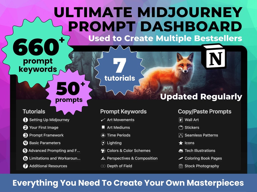 Midjourney Prompt Guide Notion Dashboard Prompt Keywords and - Etsy
