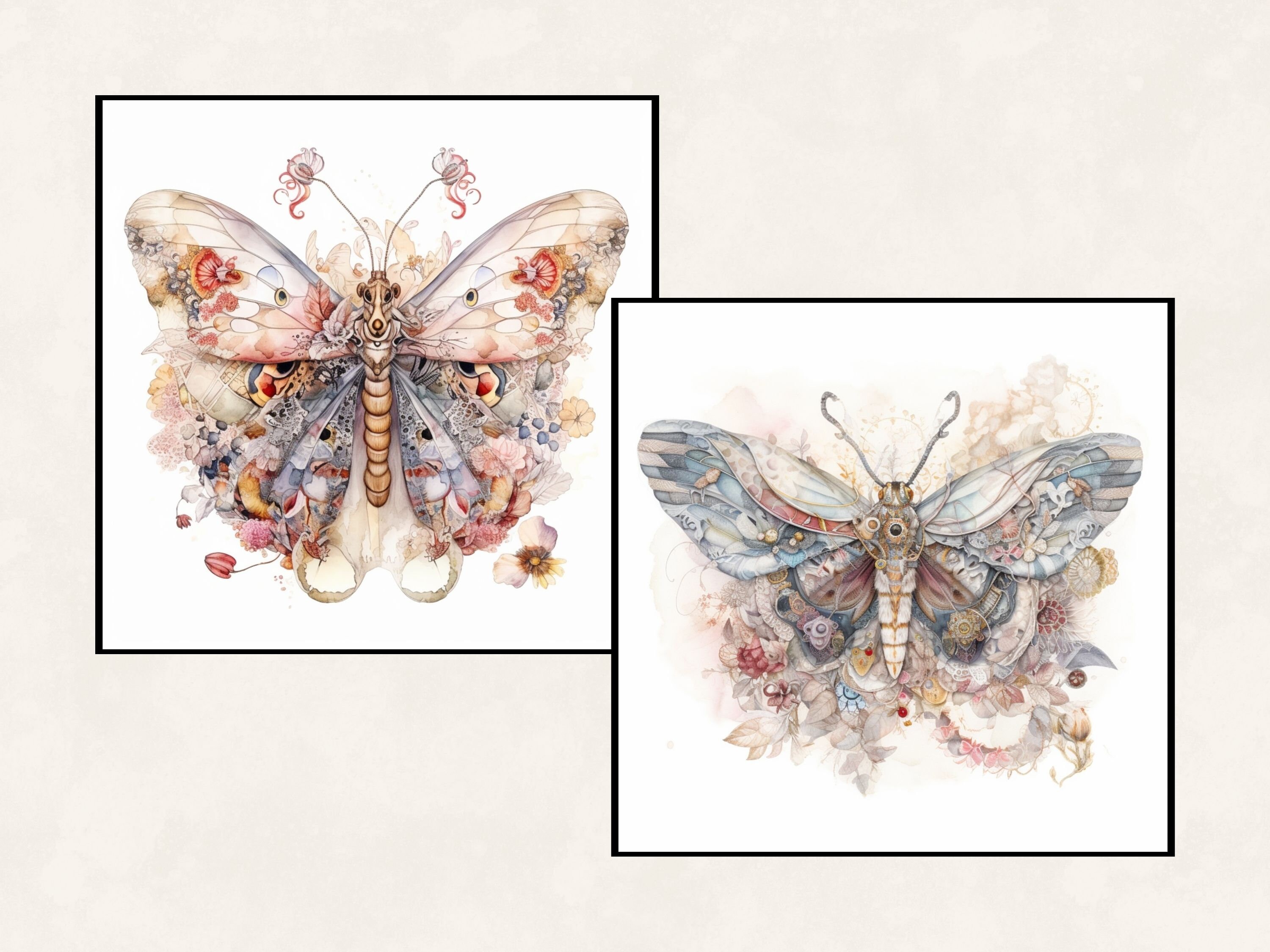 Vintage Watercolor Moth Clipart Bundle: Pastel Insect Art (digital ...