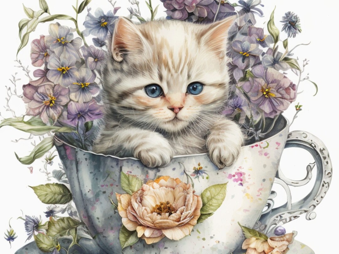 Tea Cup Cat Watercolor Illustration Kitten in Cup Flower Arrangement ...