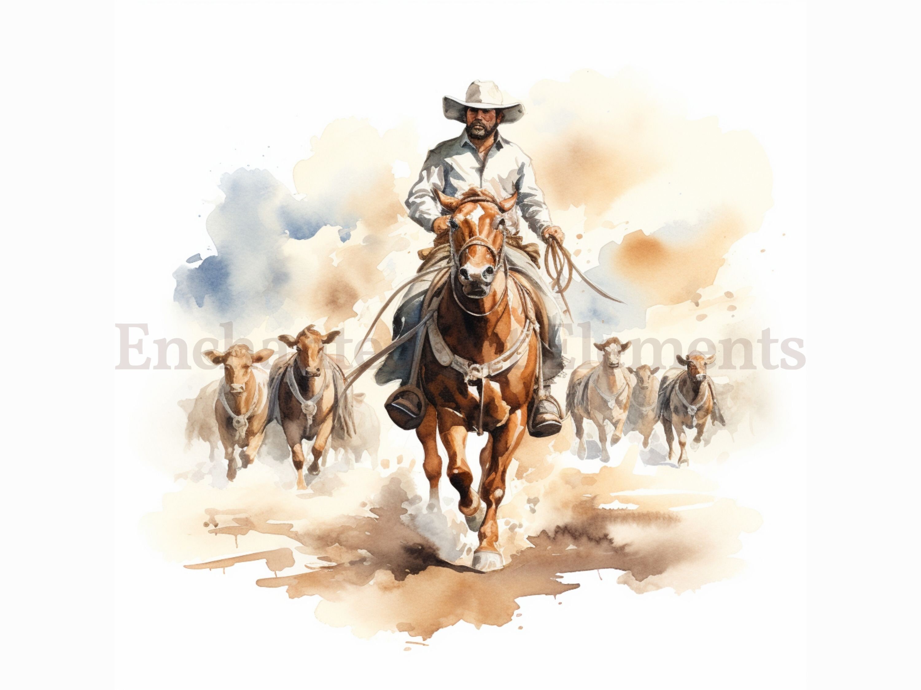 Cattle Herding Clipart: Watercolor Western Illustration (digital ...