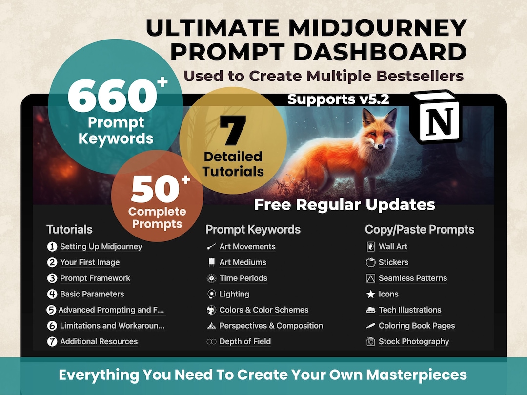 Midjourney Prompt Guide Notion Dashboard Prompt Keywords and - Etsy
