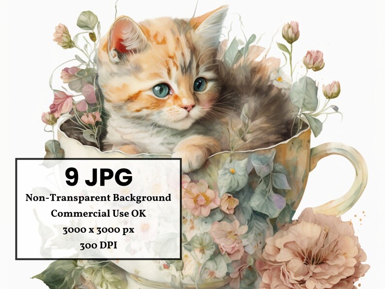 Tea Cup Cat Watercolor Illustration Kitten in Cup Flower - Etsy