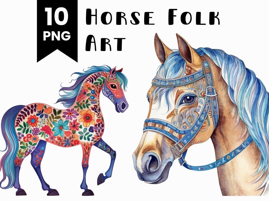 Folk Art Horse Clipart Bundle Commercial Use Watercolor Digital Design ...