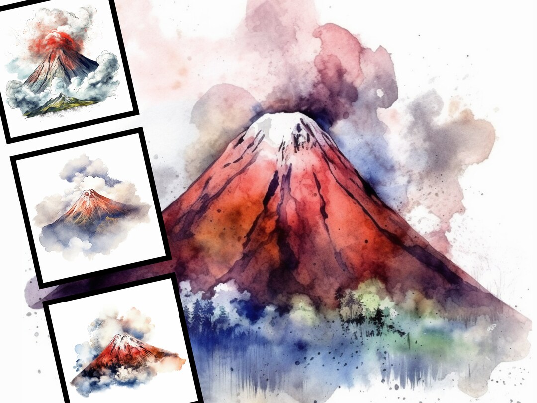 Volcano Clipart Watercolor Commercial Use Digital Design Bundle for POD ...