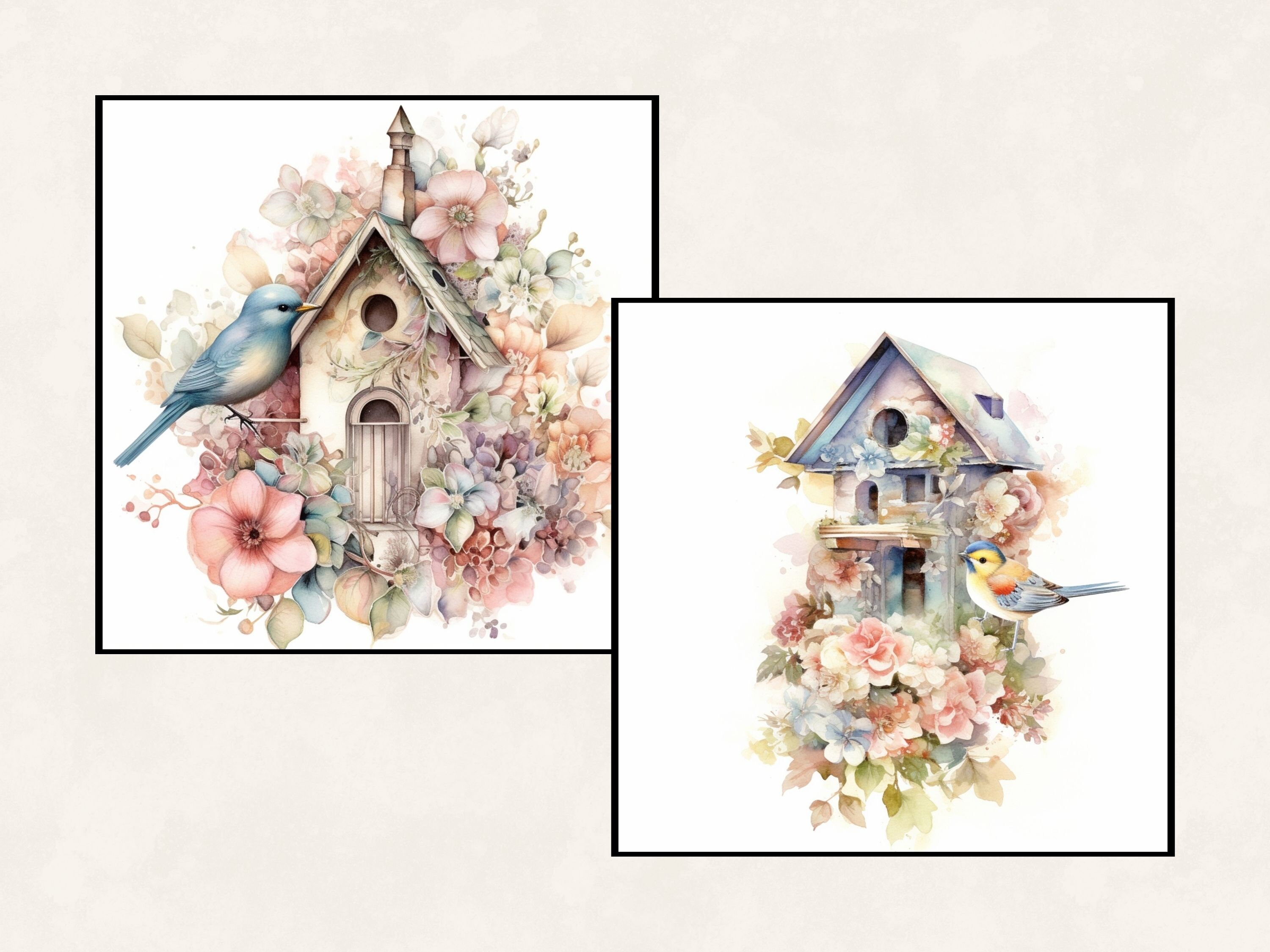 Watercolor Bird House Clipart Bundle: Vintage Pastel Designs (digital ...