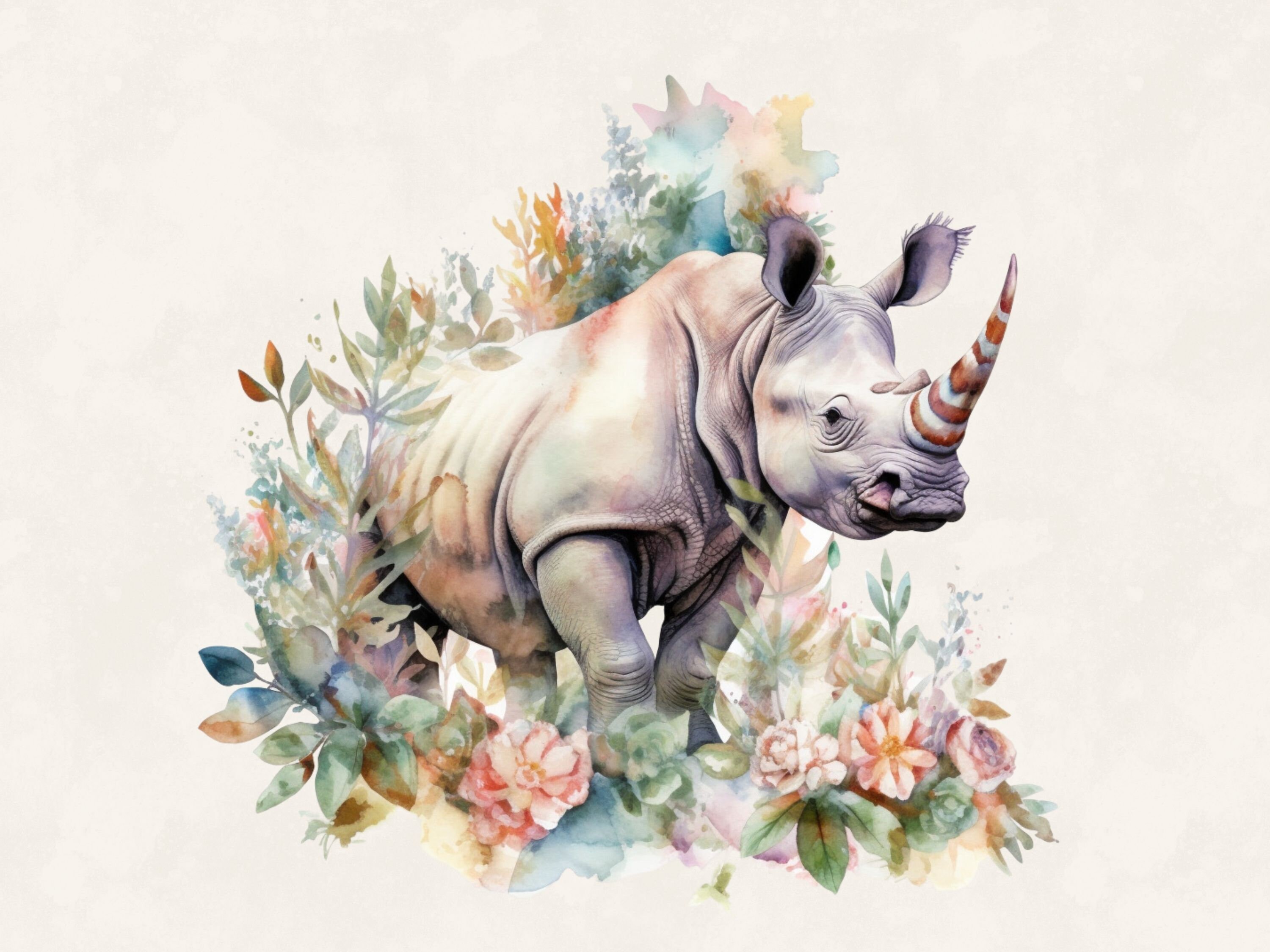 Rhino in Field of Flowers Clipart Watercolor Illustration Commercial ...