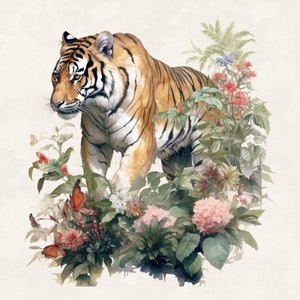 Tiger and Flowers Clipart Bundle Commercial Use Watercolor Jungle Tiger ...