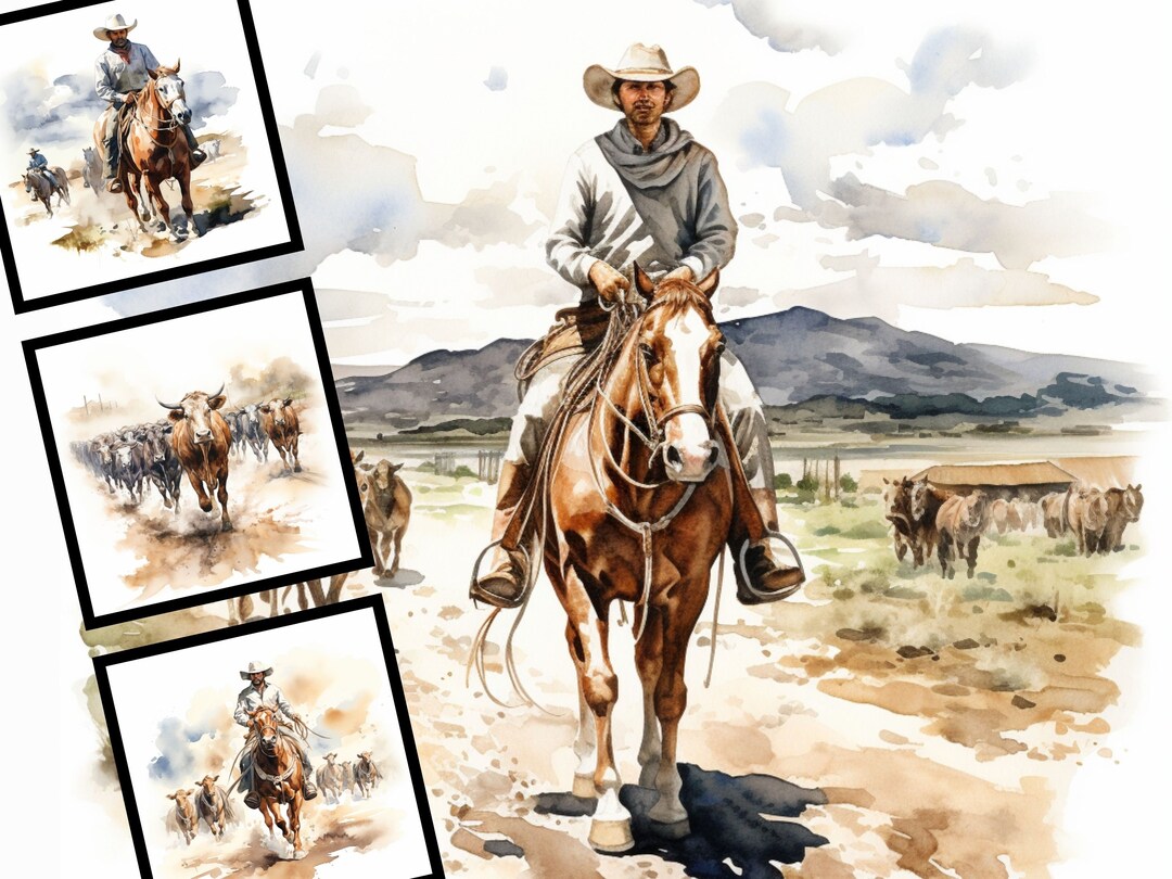 Cattle Herding Clipart Watercolor Illustration Western Clipart Commercial Use Digital Design ...