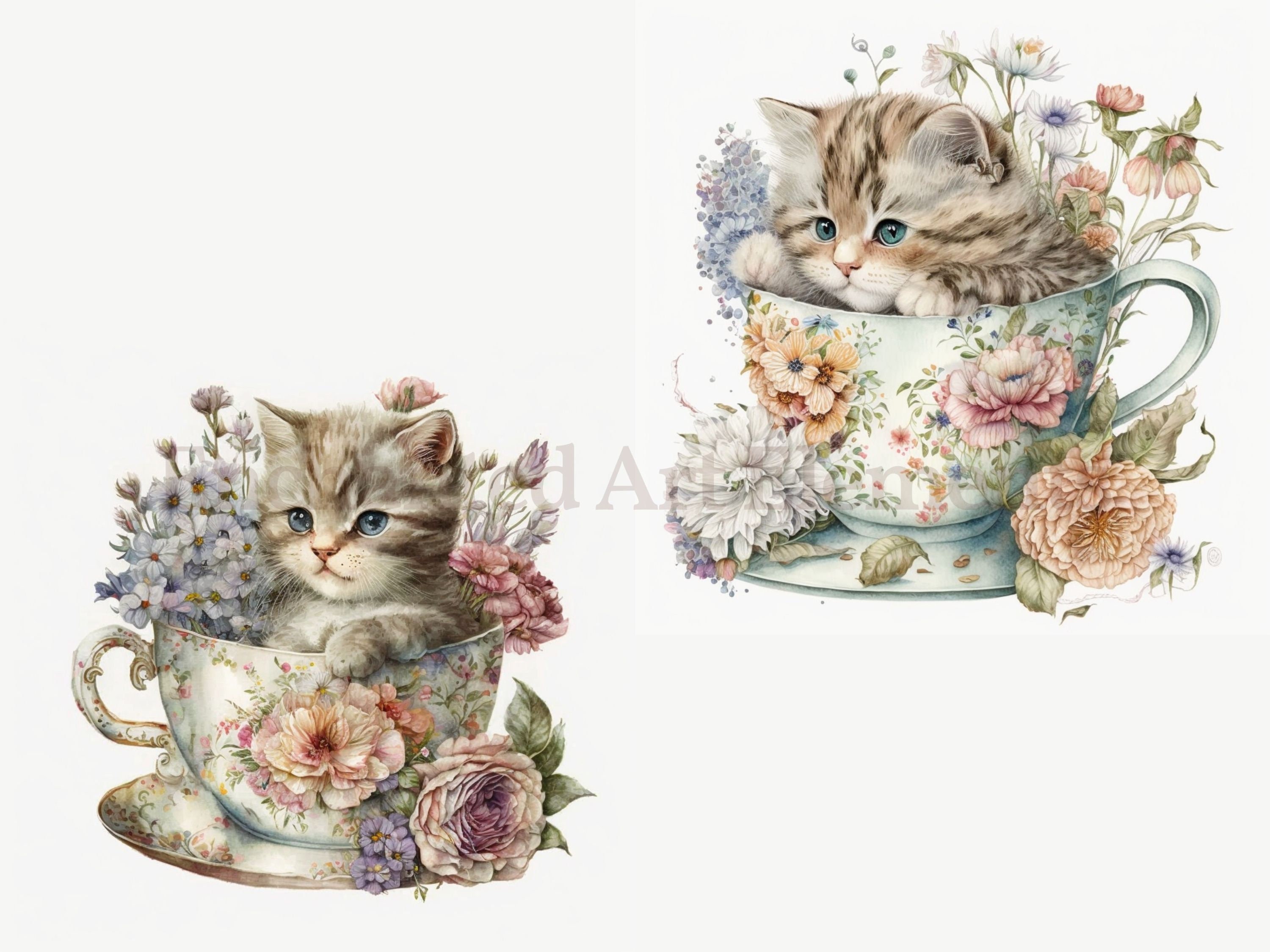 Tea Cup Cat Watercolor Illustration Kitten in Cup Flower - Etsy