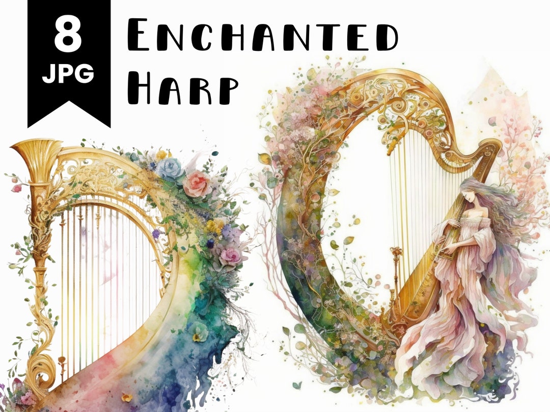 Enchanted Harp Watercolor Clipart: Magic Illustration Bundle (digital ...