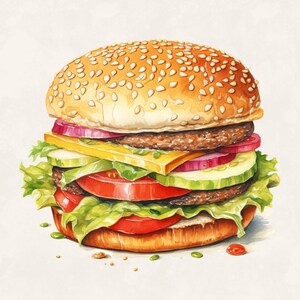 Hamburger Clipart Bundle Commercial Use Watercolor Cheeseburger Food ...