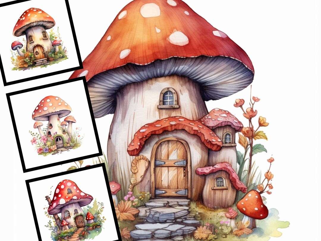 Mushroom Fairy House Clipart: Watercolor Illustration Bundle (JPG Files ...