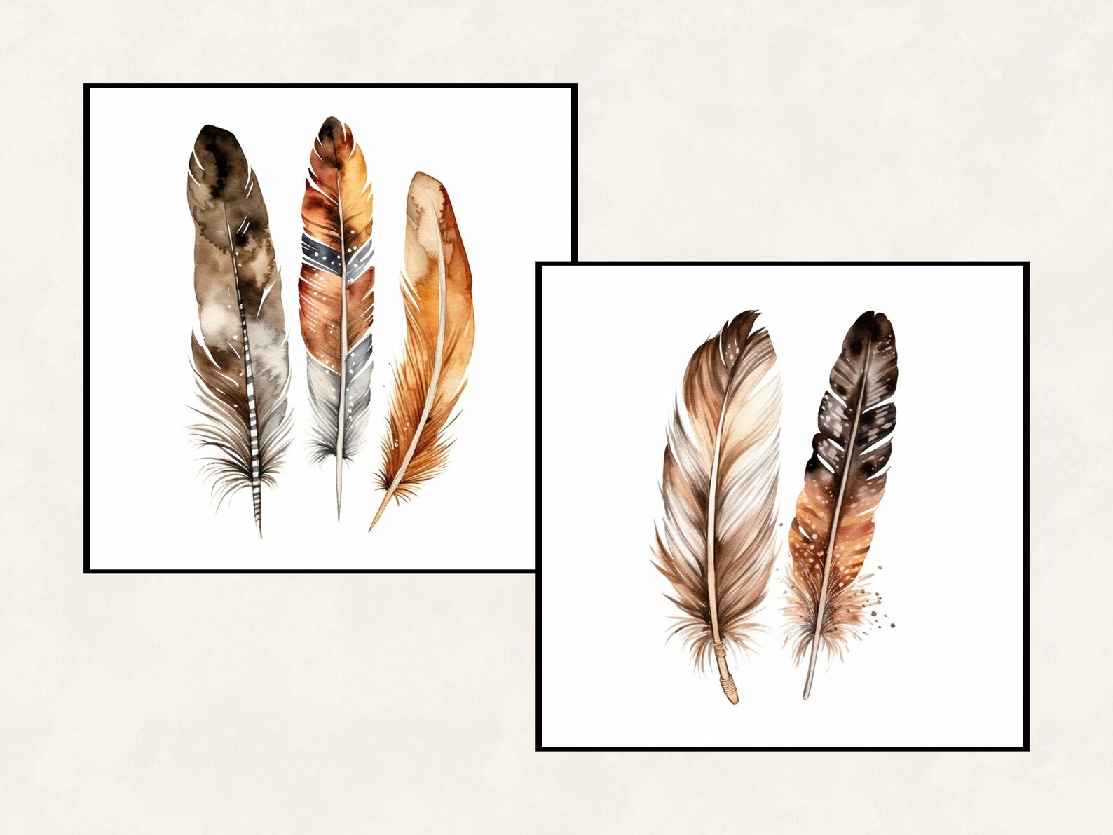 Boho Feathers Watercolor Clipart: Commercial Use Digital Bundle (JPG ...