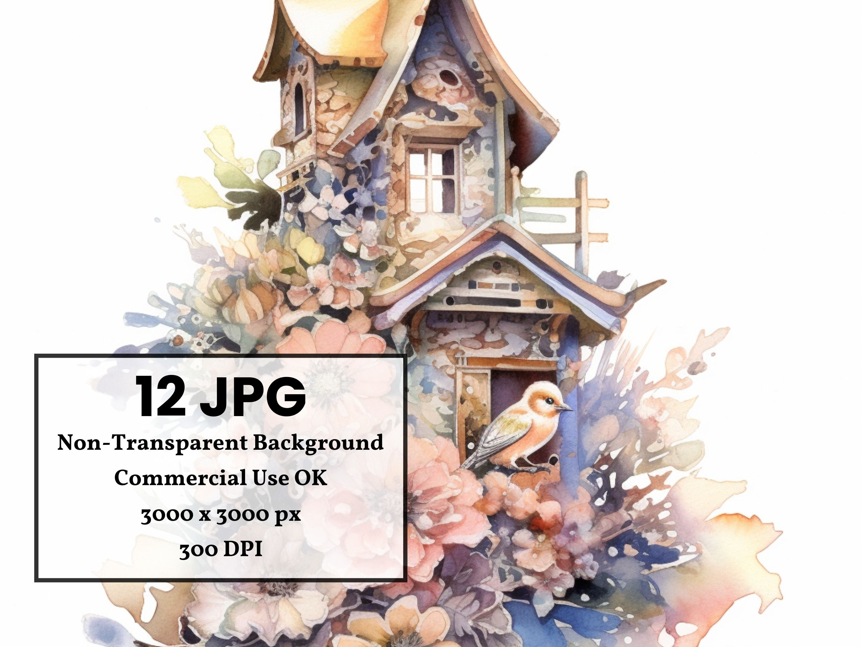 Watercolor Bird House Clipart Bundle: Vintage Pastel Designs (digital ...