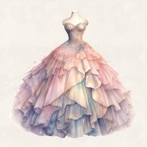 Watercolor Ball Gown Clipart: Vintage Dress Illustration (digital ...