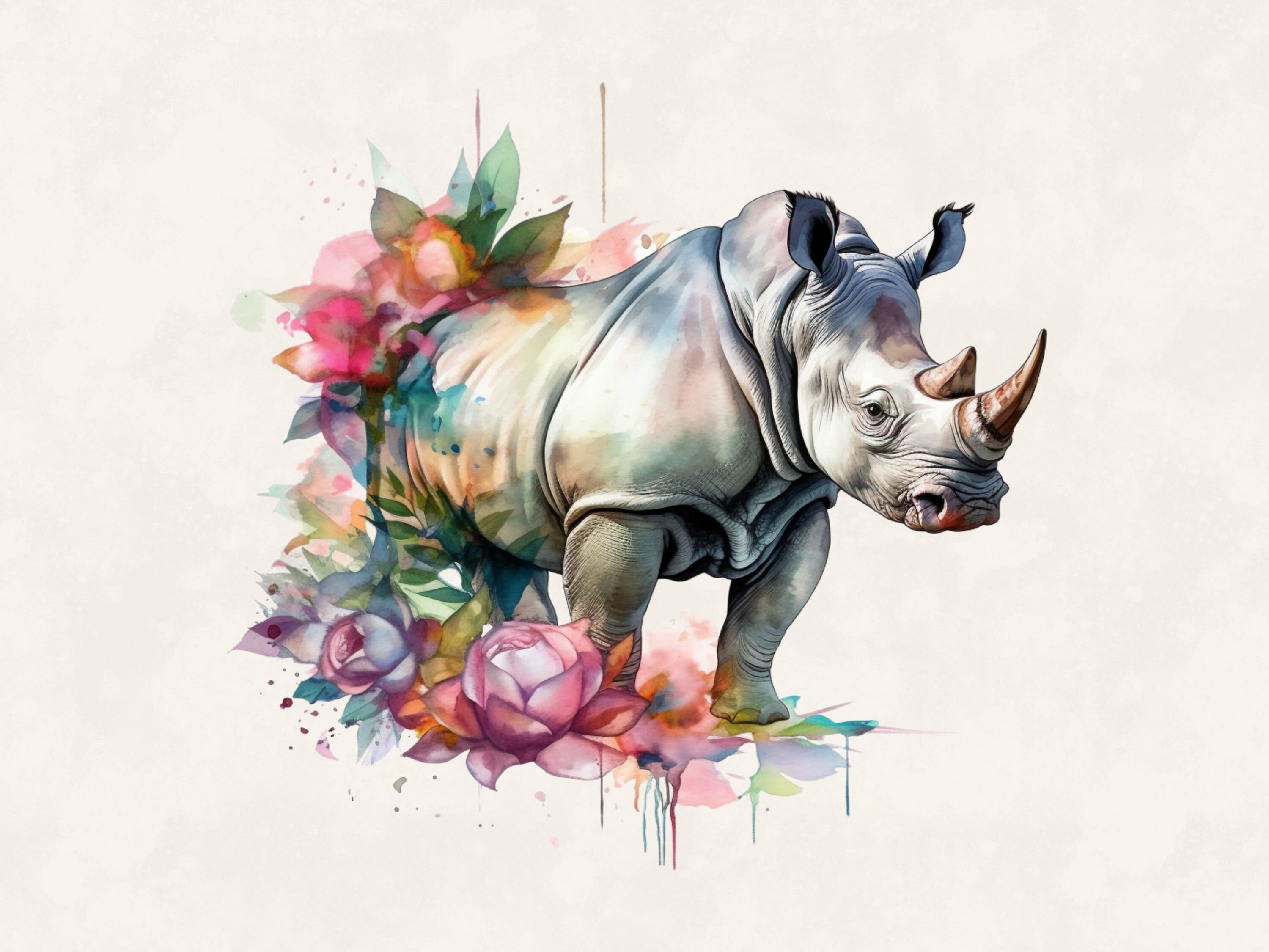 Rhino in Field of Flowers Clipart Watercolor Illustration Commercial ...