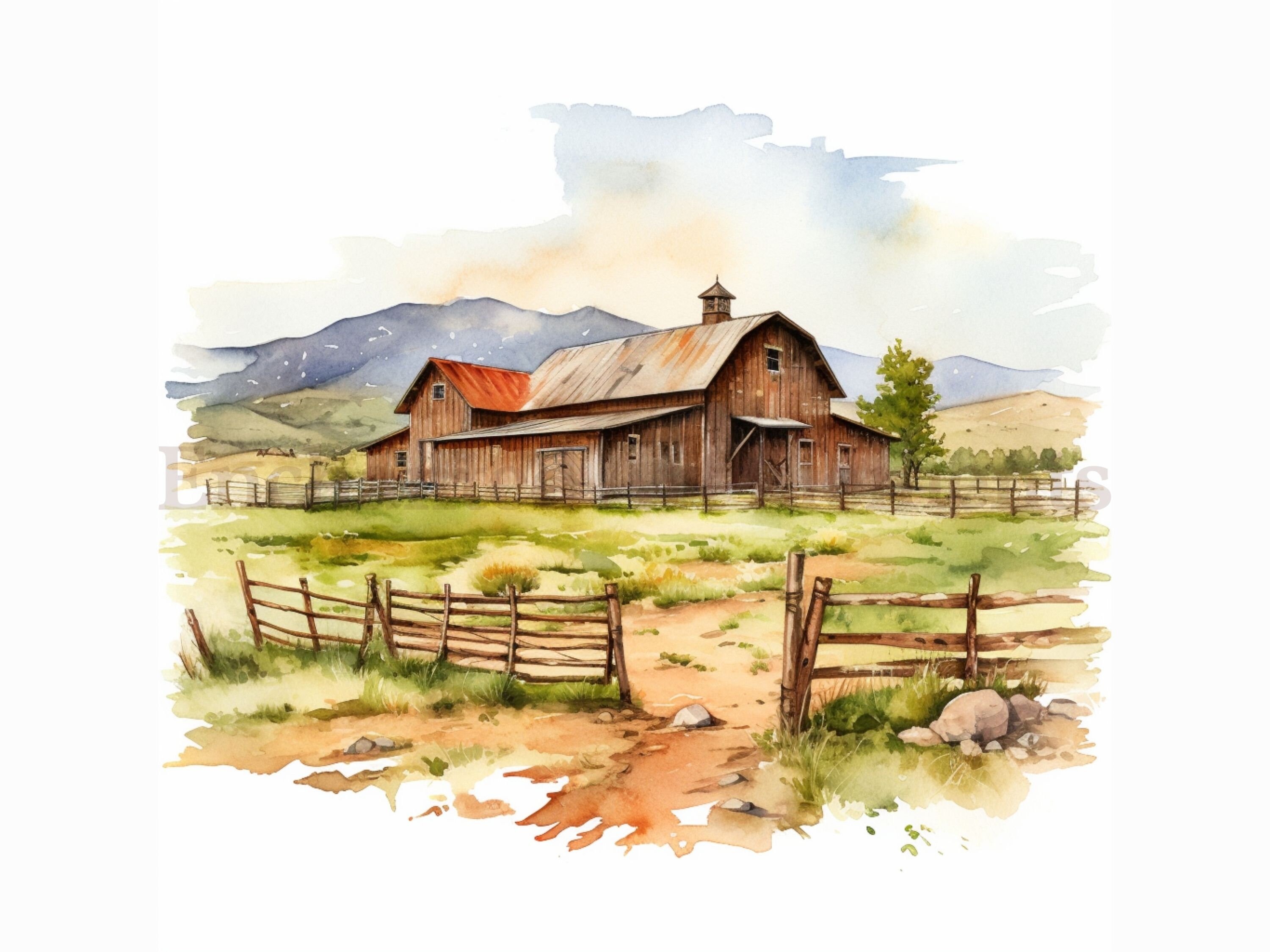 American Ranch Clipart Watercolor Landscape Clipart Commercial - Etsy