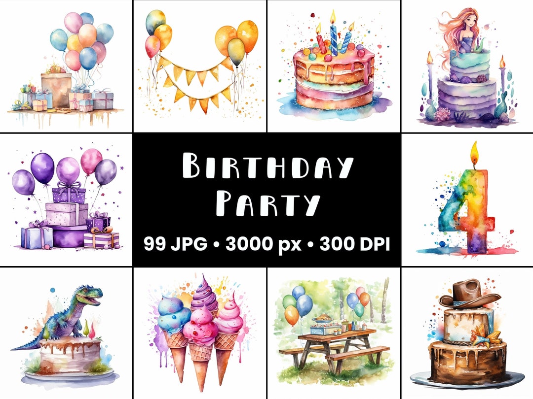 Birthday Party Clipart Megabundle Watercolor Rainbow Animated Birthday ...